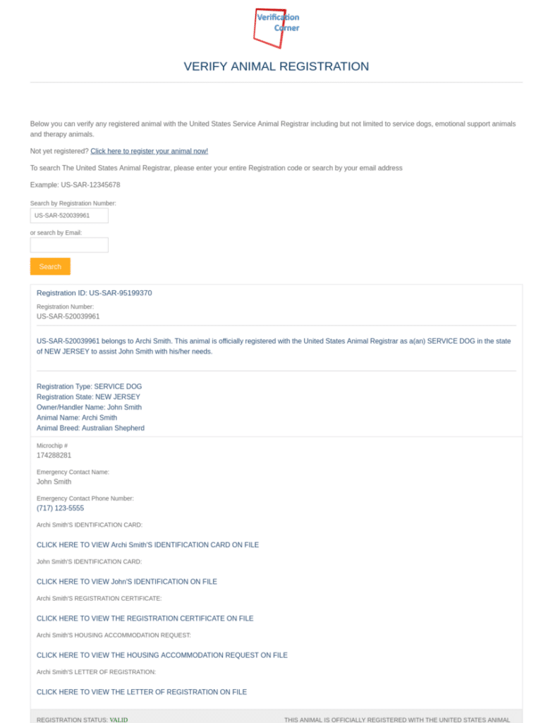 Sample Verification – US Service Animal Registrar